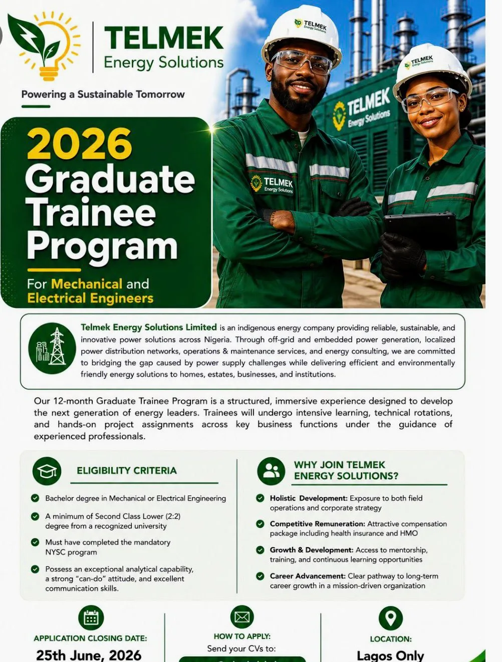 Telmek Energy Solutions Graduate Trainee Program 2026 at Telmek Energy ...